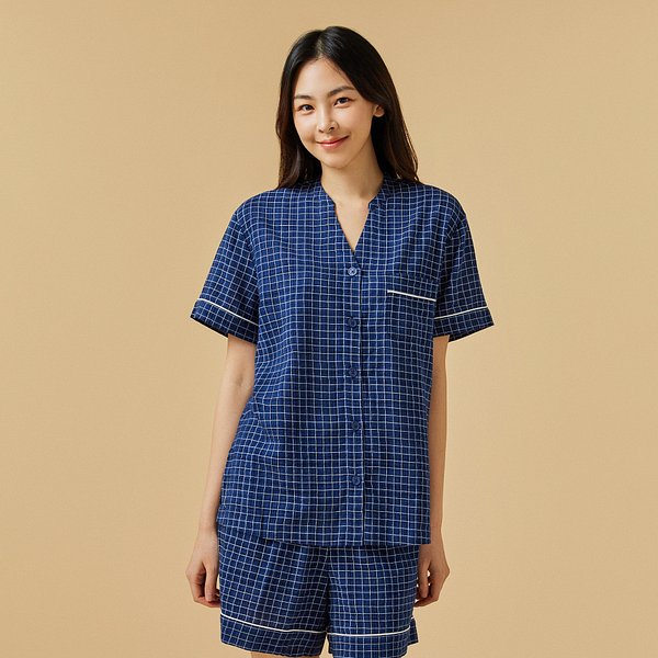 Jaju자주 여 코튼 레이온 사각체크 Y넥 3부 파자마상하세트네이비 Sivillage 에스아이빌리지