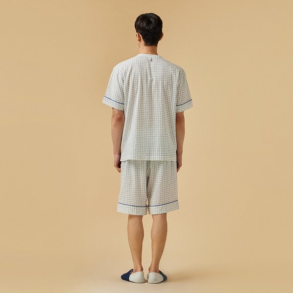 Jaju자주 남 코튼 레이온 사각체크 Y넥 5부 파자마상하세트블루 Sivillage 에스아이빌리지