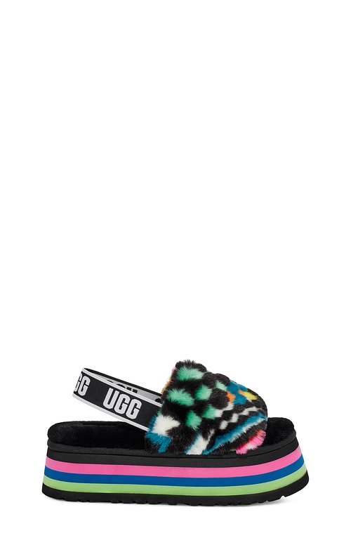 Ugg어그 For Women 멀티컬러 체커보드 퍼 플랫폼 샌들 디스코 첵스 슬라이드 Sivillage 에스