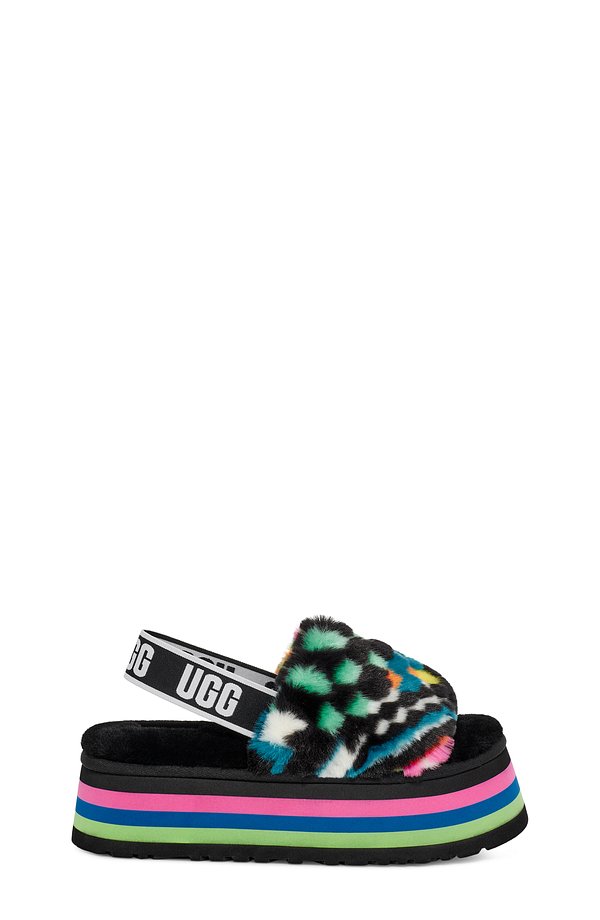 Ugg어그 For Women 멀티컬러 체커보드 퍼 플랫폼 샌들 디스코 첵스 슬라이드 Sivillage 에스
