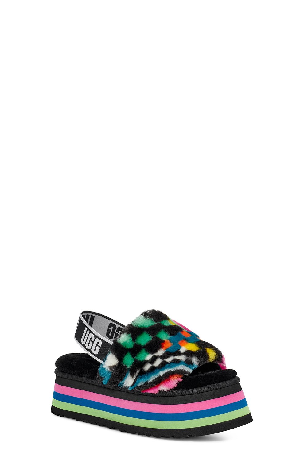 Ugg어그 For Women 멀티컬러 체커보드 퍼 플랫폼 샌들 디스코 첵스 슬라이드 Sivillage 에스